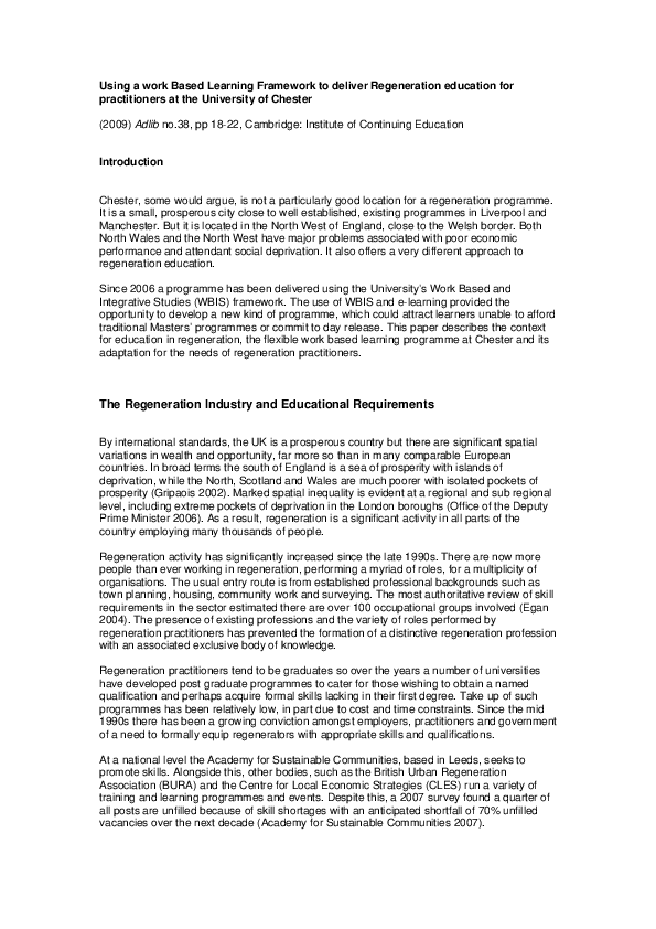 Using a work based learning framework to deliver regeneration education ...
