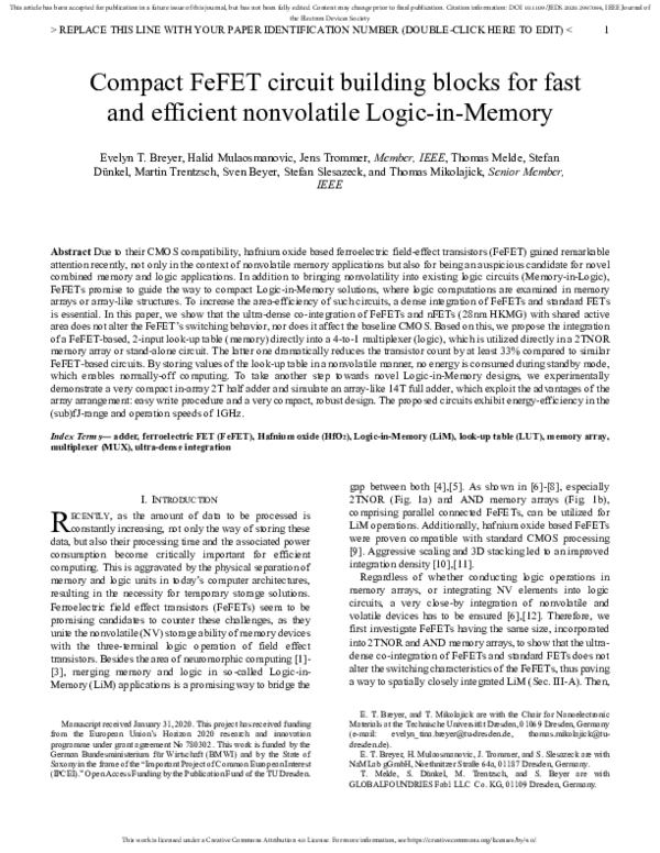 (PDF) Compact FeFET circuit building blocks for fast and efficient nonvolatile Logic-in-Memory ...