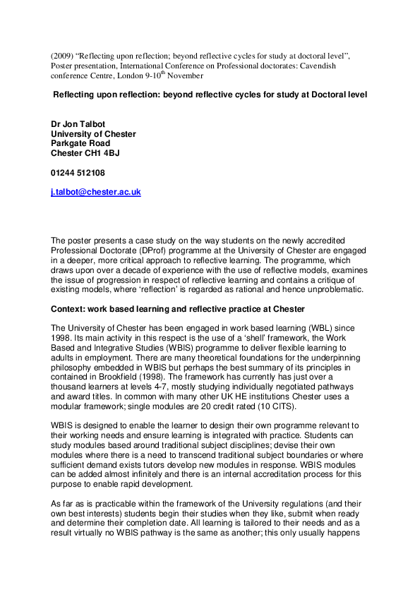 (PDF) Reflecting upon reflection; beyond reflective cycles for study at ...