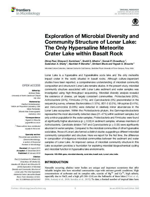 (PDF) Exploration of Microbial Diversity and Community Structure of Lonar Lake: The Only ...