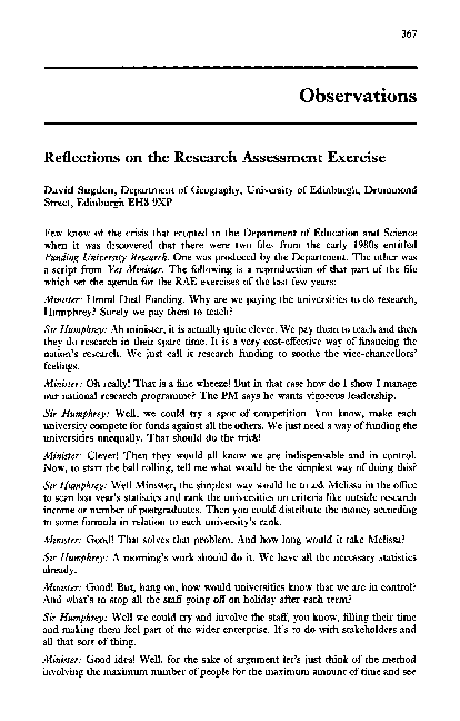 (PDF) Reflections on the Research Assessment Exercise