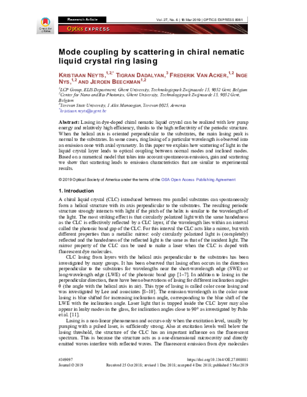 (PDF) Mode coupling by scattering in chiral nematic liquid crystal ring lasing