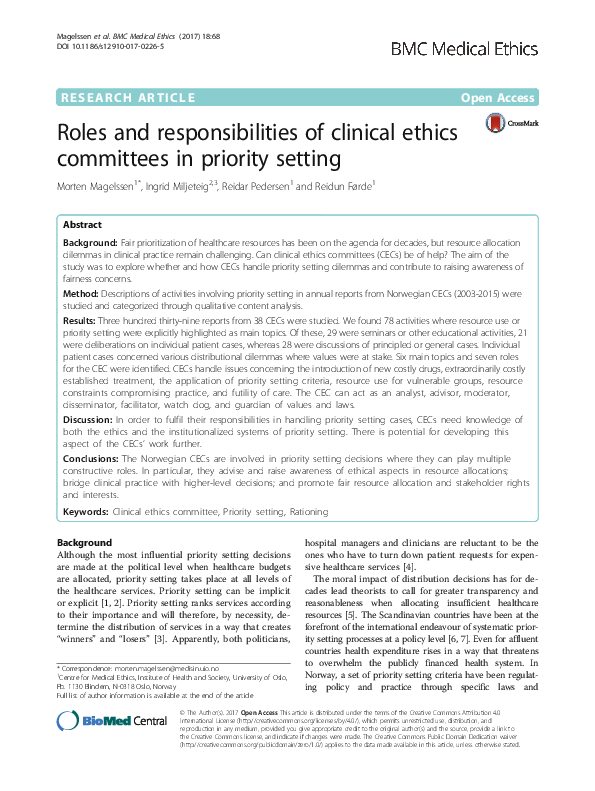 (PDF) Roles and responsibilities of clinical ethics committees in ...