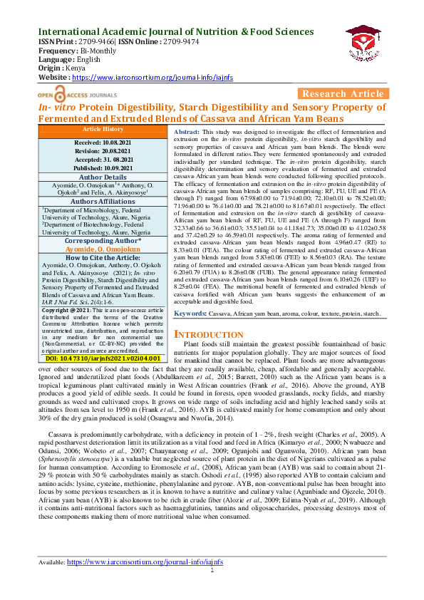 (PDF) In- vitro Protein Digestibility, Starch Digestibility and Sensory ...