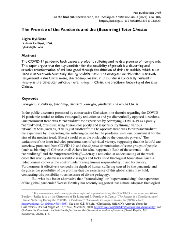 (PDF) The Promise of the Pandemic and the (Becoming) Totus Christus