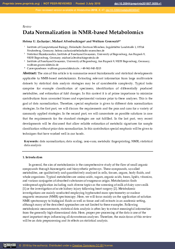 (PDF) Data Normalization in NMR-based Metabolomics