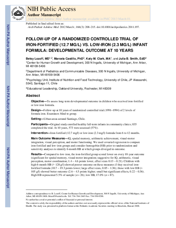 (PDF) Iron-Fortified vs Low-Iron Infant Formula