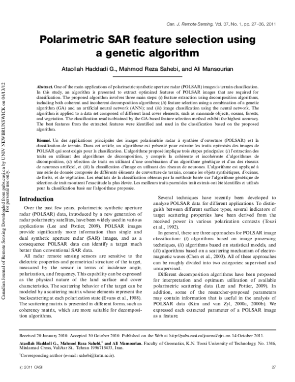 Pdf Polarimetric Sar Feature Selection Using A Genetic Algorithm