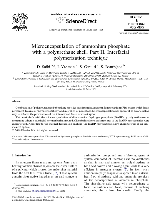 Pdf Microencapsulation Of Ammonium Phosphate With A Polyurethane Shell Part Ii Interfacial