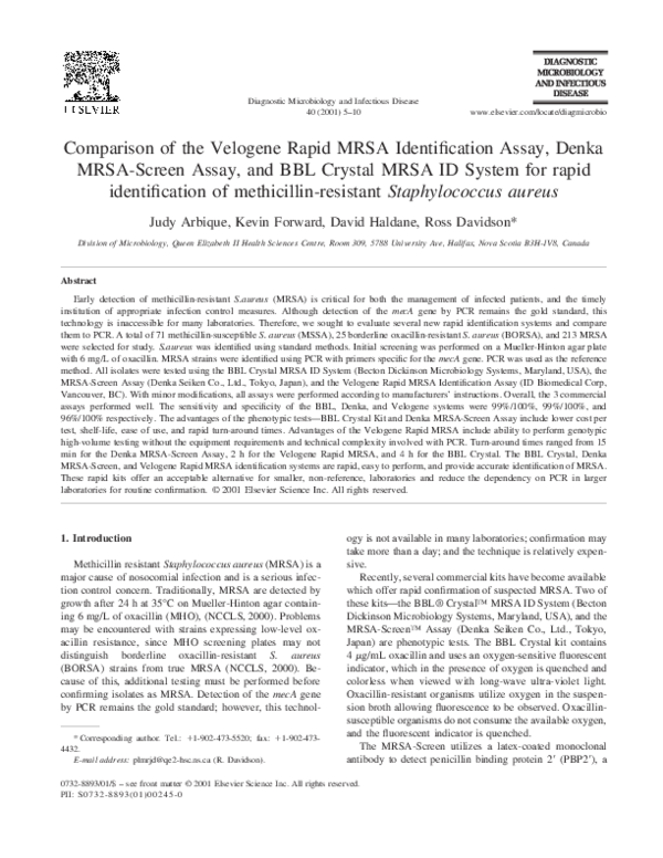 (PDF) Comparison of the Velogene Rapid MRSA Identification Assay, Denka ...
