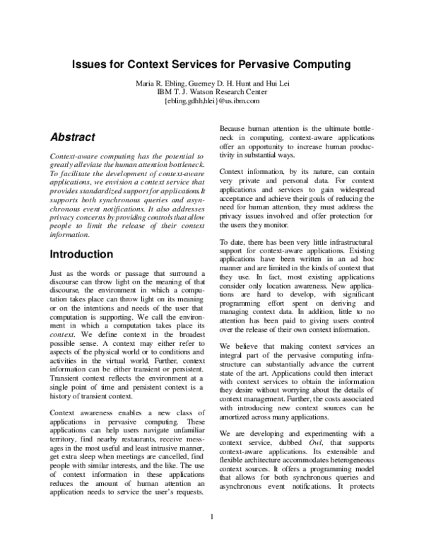 (PDF) Issues for context services for pervasive computing