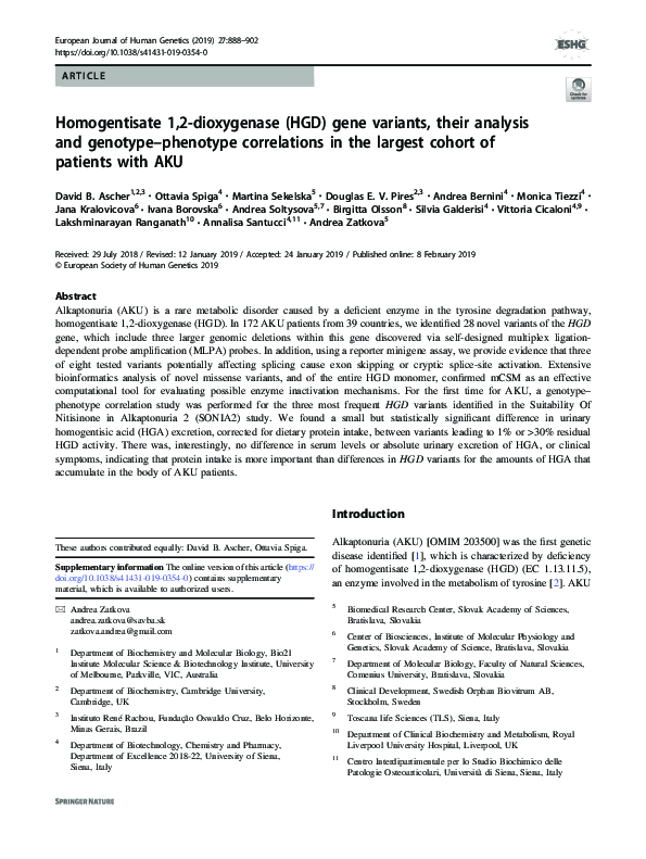 (PDF) Homogentisate 1,2-dioxygenase (HGD) gene variants, their analysis ...