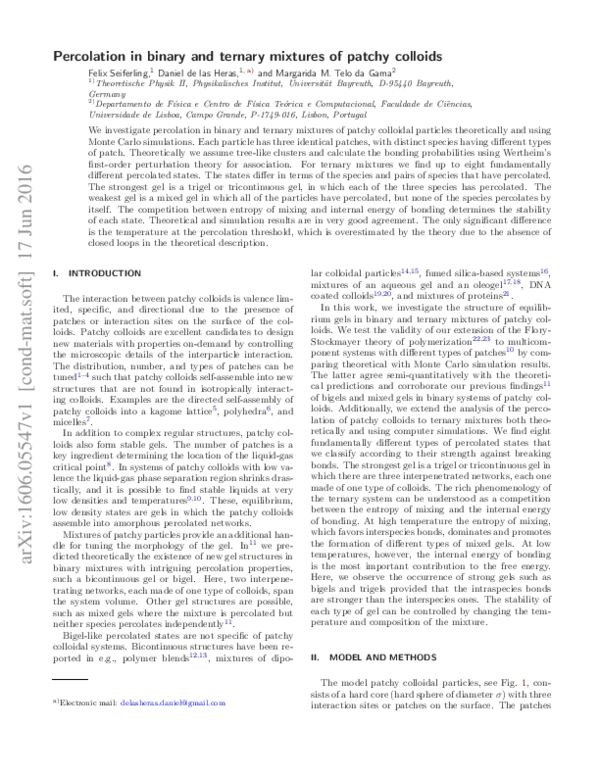 (PDF) Percolation in binary and ternary mixtures of patchy colloids