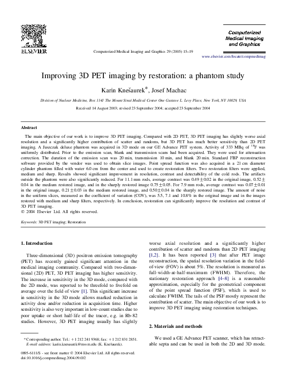 (PDF) Improving 3D PET imaging by restoration: a phantom study