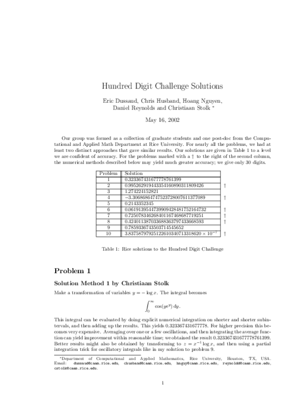 (PDF) Hundred digit challenge solutions