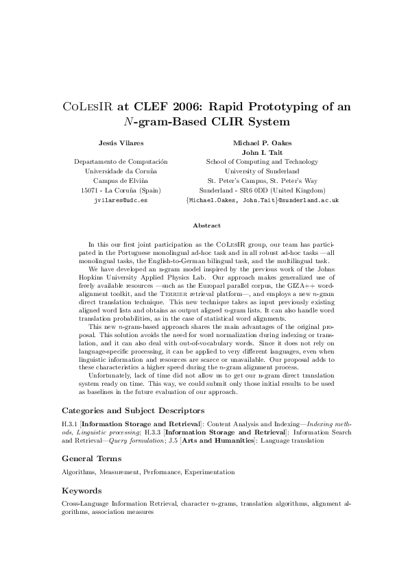 (PDF) CoLesIR at CLEF 2006: rapid prototyping of a N-gram-based CLIR system