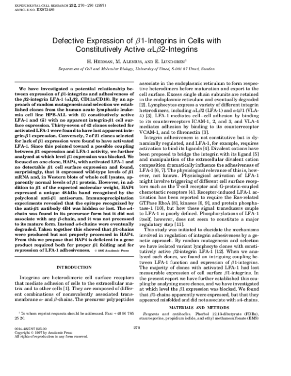 (PDF) Defective Expression of β1-Integrins in Cells with Constitutively ...