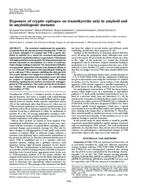 (PDF) Exposure of cryptic epitopes on transthyretin only in amyloid and ...