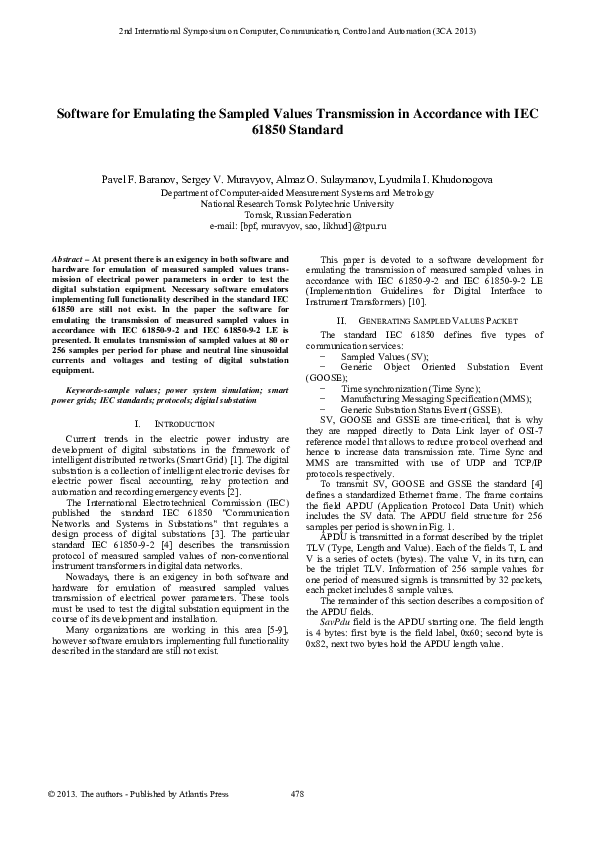 (PDF) Software for Emulating the Sampled Values Transmission in Accordance with IEC 61850 Standard