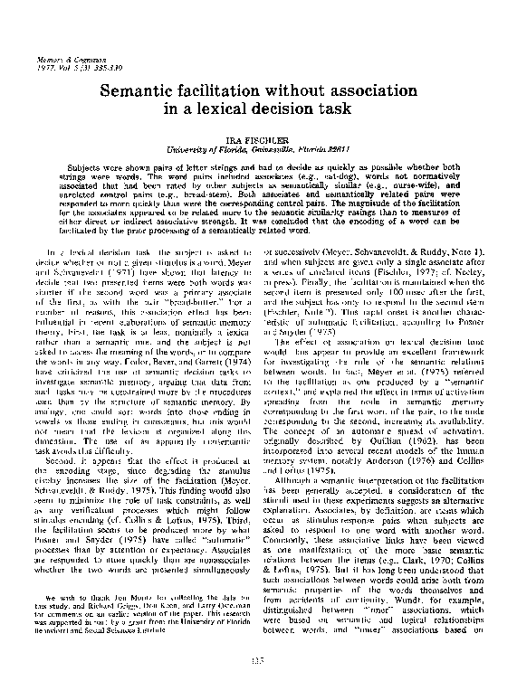 (PDF) Semantic facilitation without association in a lexical decision task