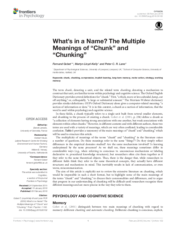 (PDF) What's in a Name? The Multiple Meanings of "Chunk" and "Chunking