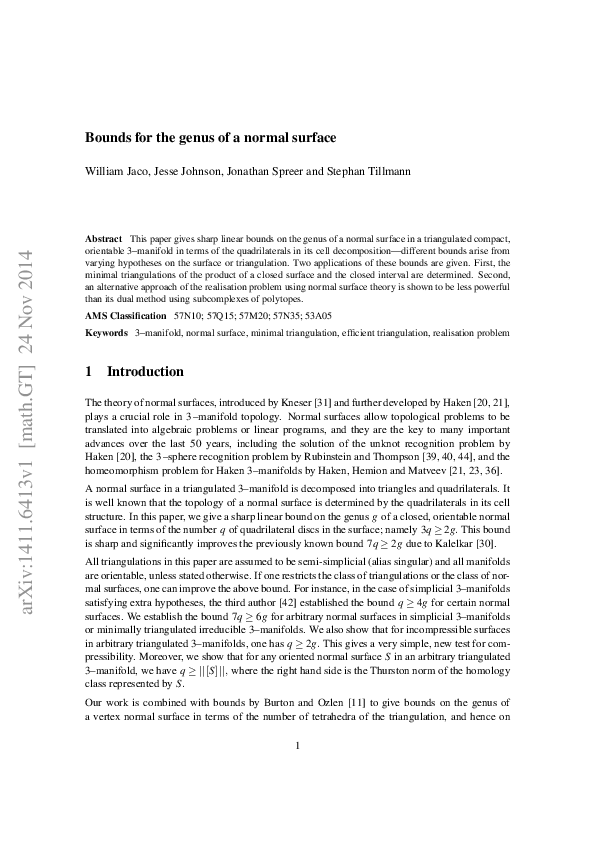 (PDF) Bounds for the genus of a normal surface