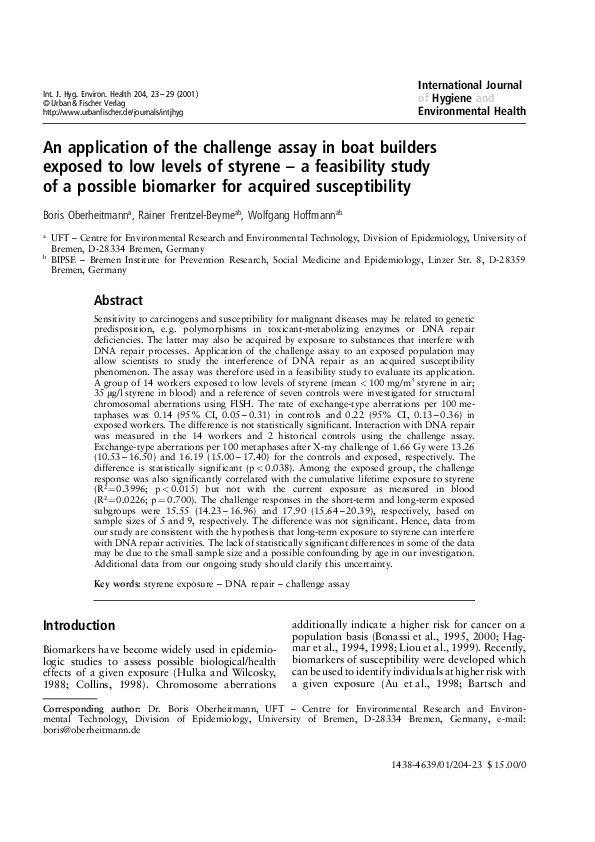 (PDF) Challenge Assay for DNA Repair in Styrene-Exposed Boat Builders