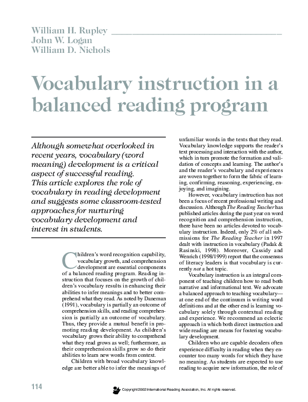 (PDF) Vocabulary Instruction in a Balanced Reading Program