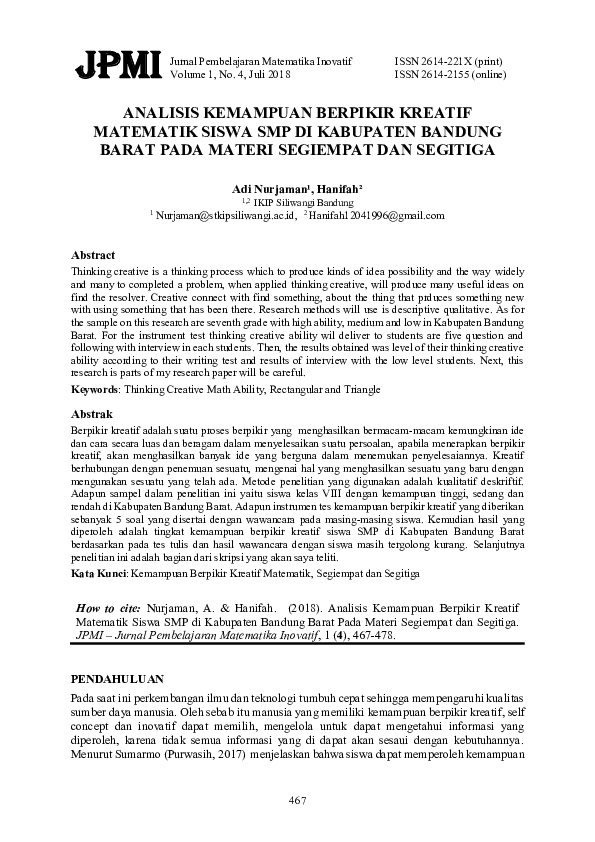 (PDF) Analisis Kemampuan Berpikir Kreatif Matematik Siswa SMP DI Kabupaten Bandung Barat Pada ...