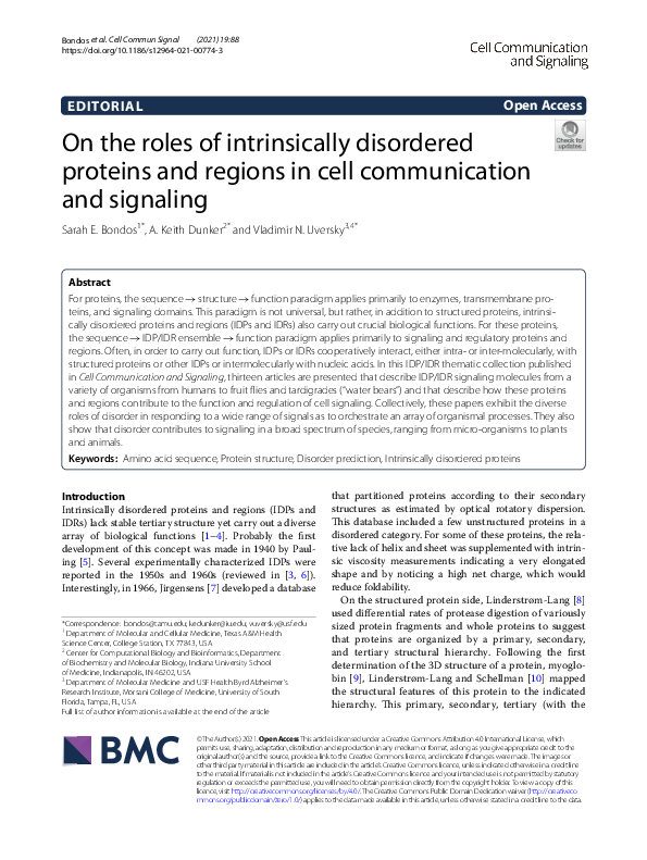 (PDF) On the roles of intrinsically disordered proteins and regions in ...
