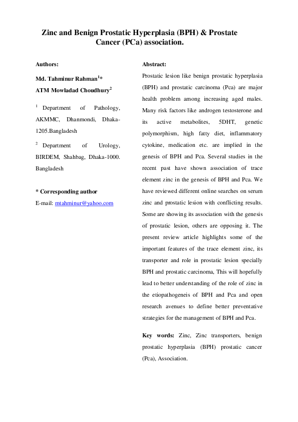 (PDF) Zinc and Benign Prostatic Hyperplasia (BPH) & Prostate Cancer ...