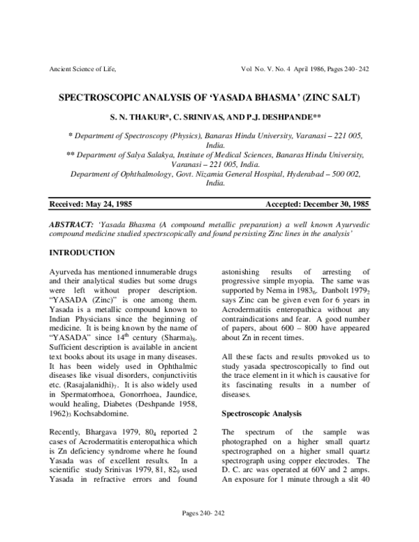 (PDF) Spectroscopic analysis of 'yasada bhasma' (zinc salt)
