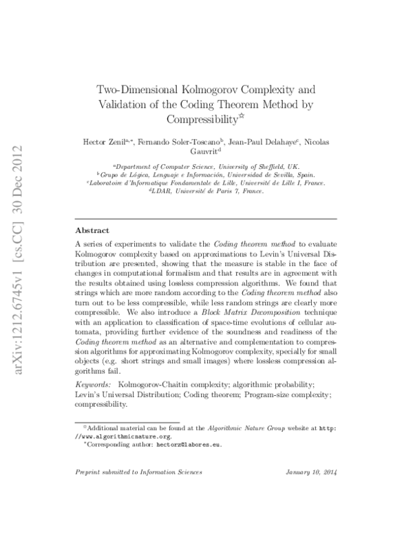 (PDF) Two-Dimensional Kolmogorov Complexity and Validation of the Coding Theorem Method by ...