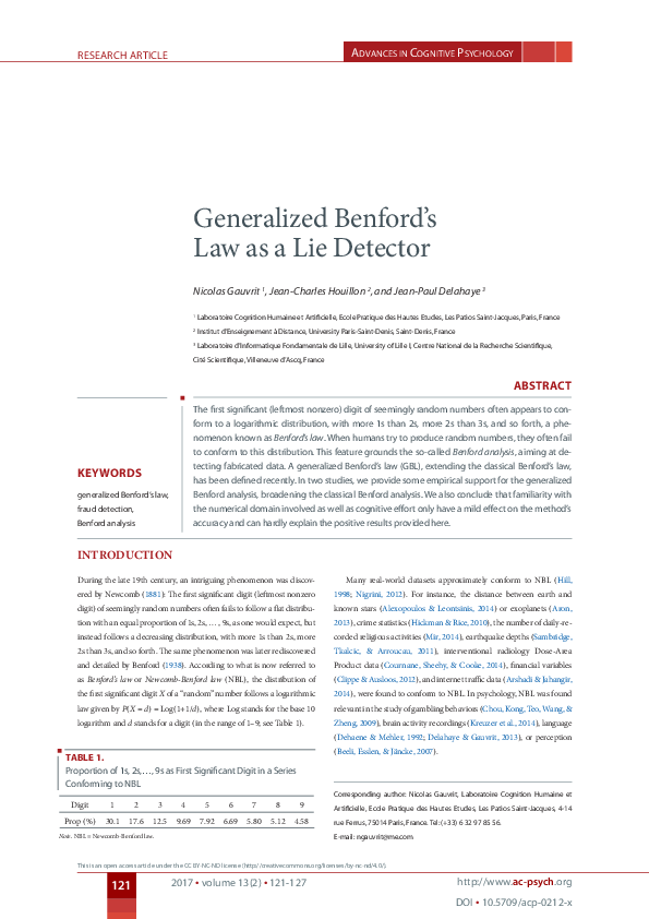 (PDF) Generalized Benford’s Law as a Lie Detector
