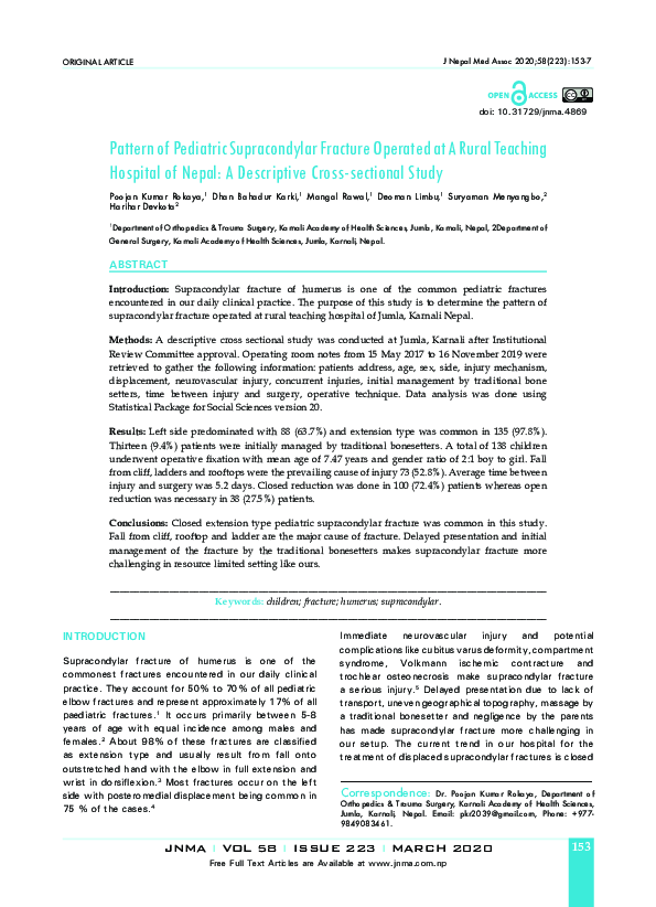(PDF) Pattern of Pediatric Supracondylar Fracture Operated at A Rural Teaching Hospital of Nepal ...