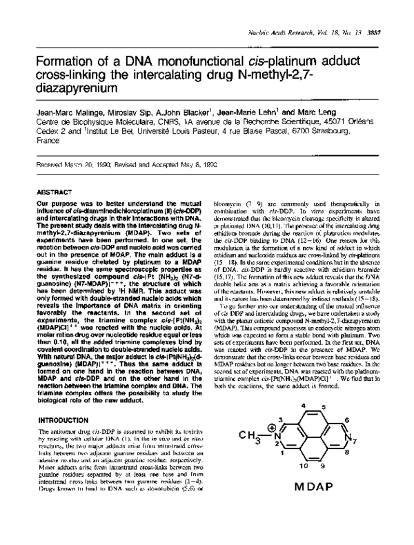 (PDF) Formation of a DNA monofunctional cis -platinum adduct cross ...