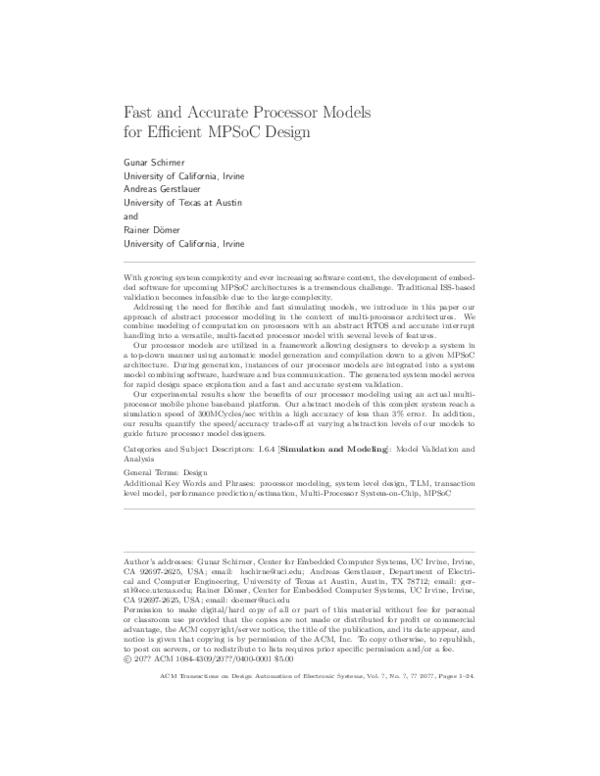 Pdf Fast And Accurate Processor Models For Efficient Mpsoc Design