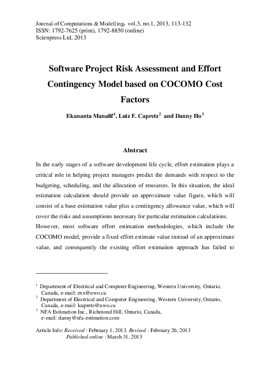 (PDF) Software Project Risk Assessment and Effort Contingency Model based on COCOMO Cost Factors