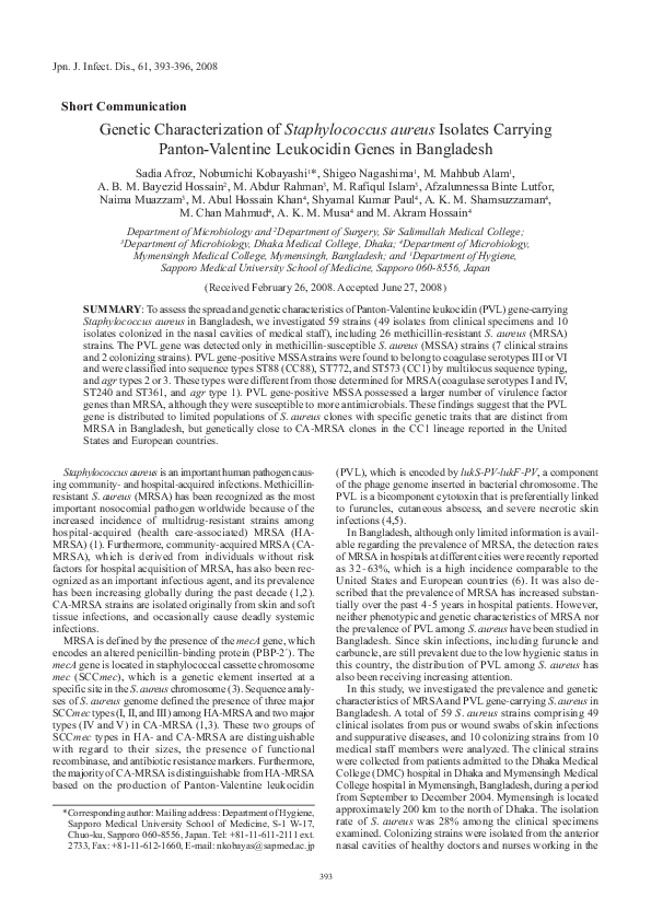 (PDF) Molecular Study of Panton-Valentine Leukocidin Genes among Staphylococcus aureus Clinical ...