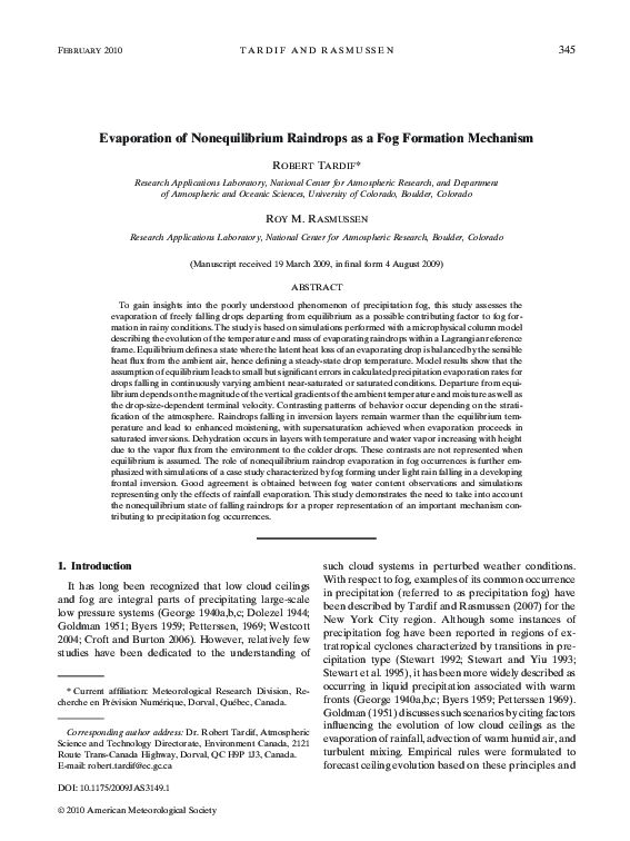 (PDF) Evaporation of Nonequilibrium Raindrops as a Fog Formation Mechanism