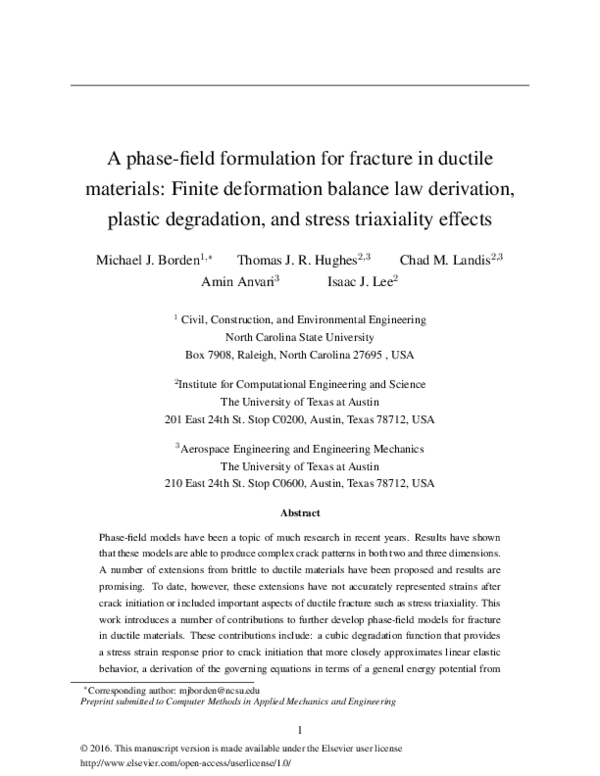 Pdf A Phase Field Formulation For Fracture In Ductile Materials