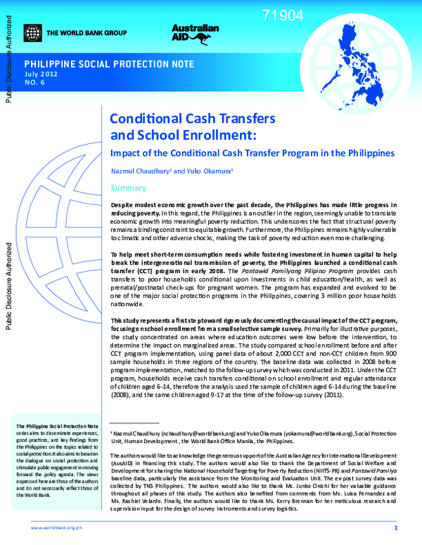 (PDF) Conditional cash transfers and school enrollment : impact of the ...