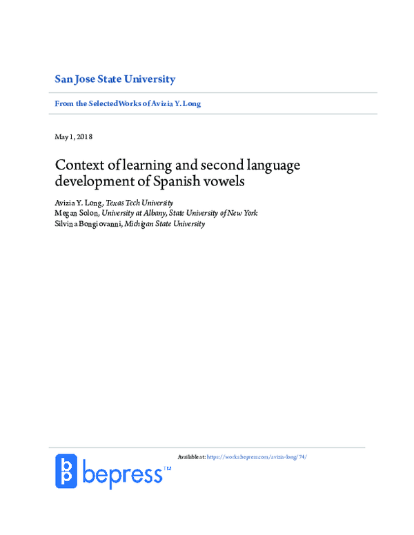 (PDF) Context of learning and second language development of Spanish vowels