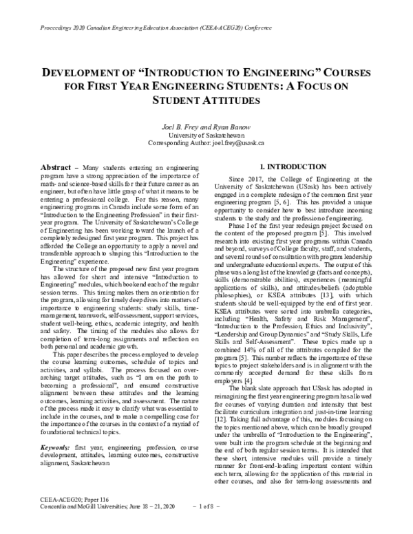 (PDF) Development of “Introduction to Engineering” Courses for First ...