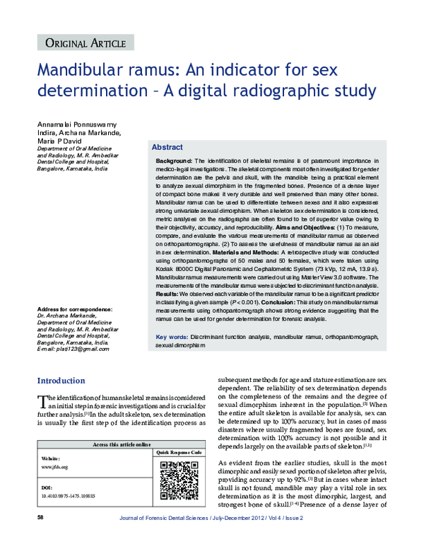 (PDF) Mandibular ramus: An indicator for sex determination - A digital radiographic study