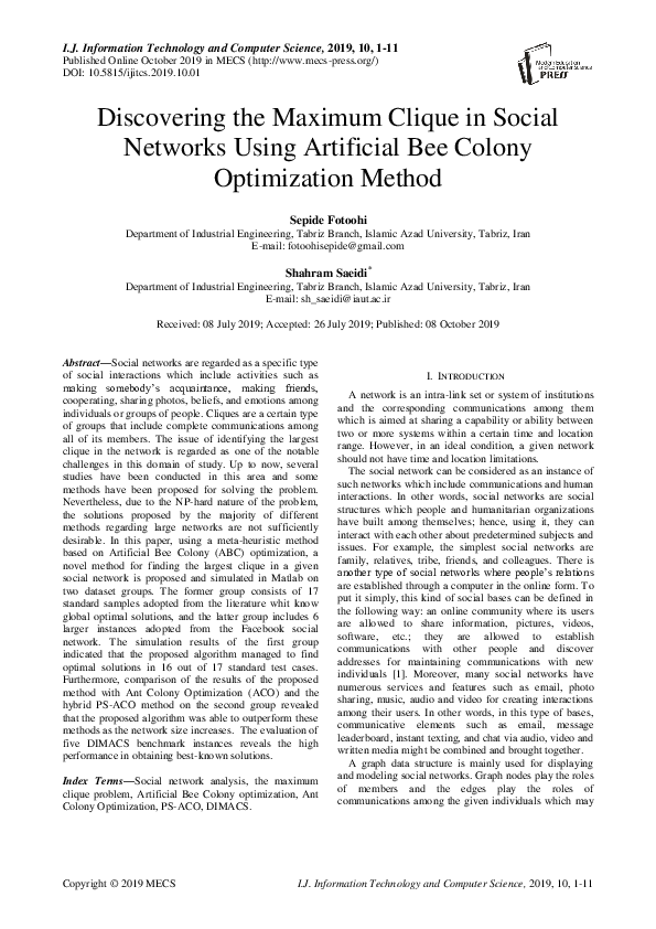 (PDF) Discovering the Maximum Clique in Social Networks Using Artificial Bee Colony Optimization ...