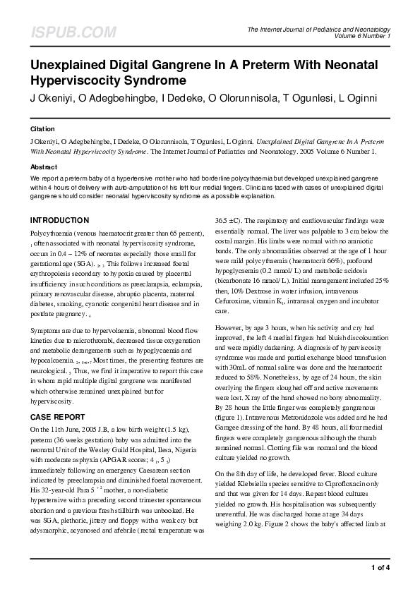 (PDF) Unexplained Digital Gangrene In A Preterm With Neonatal ...