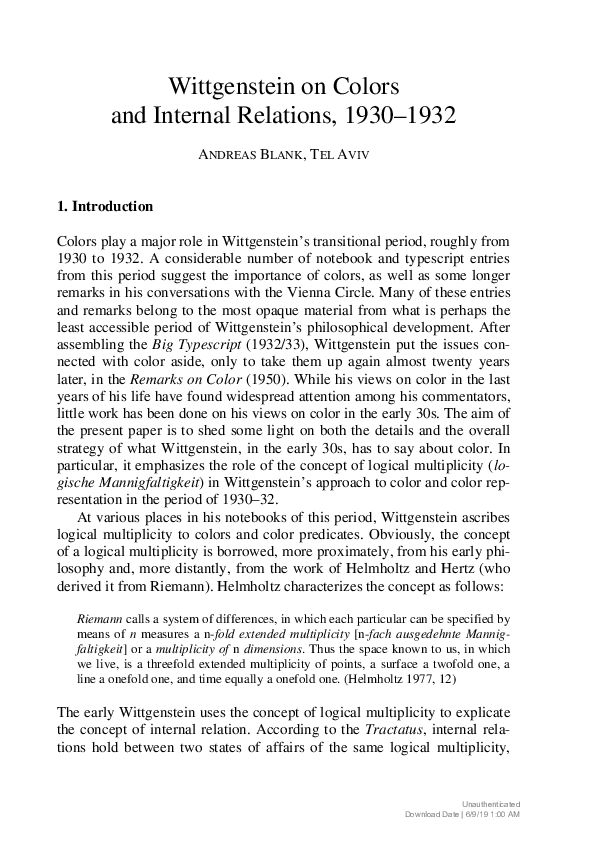 (PDF) Wittgenstein on Colors and Internal Relations, 1930–1932
