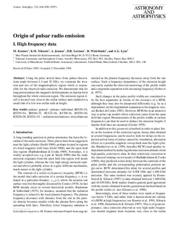 (PDF) Origin of pulsar radio emission. I. High frequency data