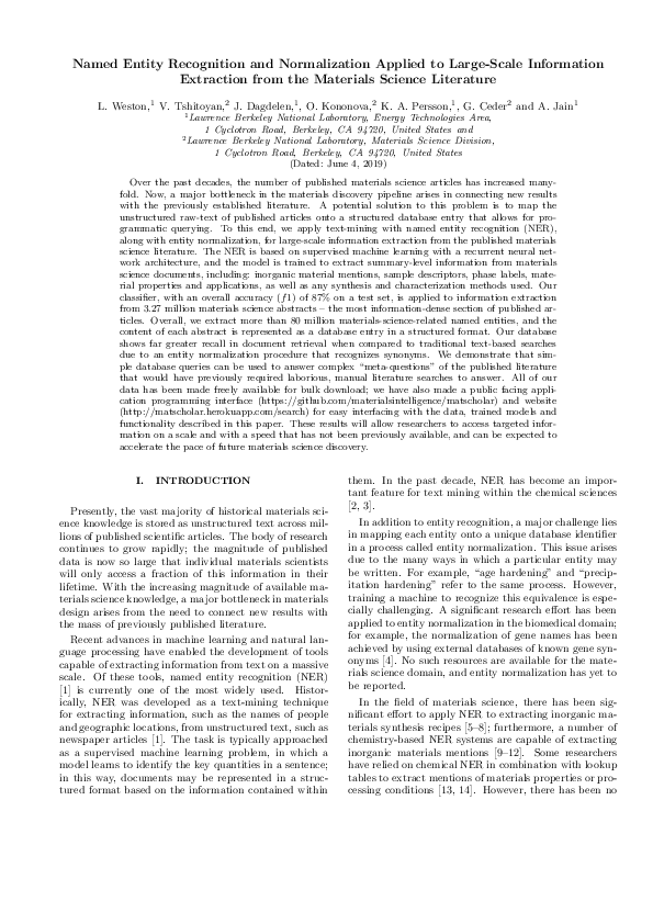 Pdf Named Entity Recognition And Normalization Applied To Large Scale Information Extraction